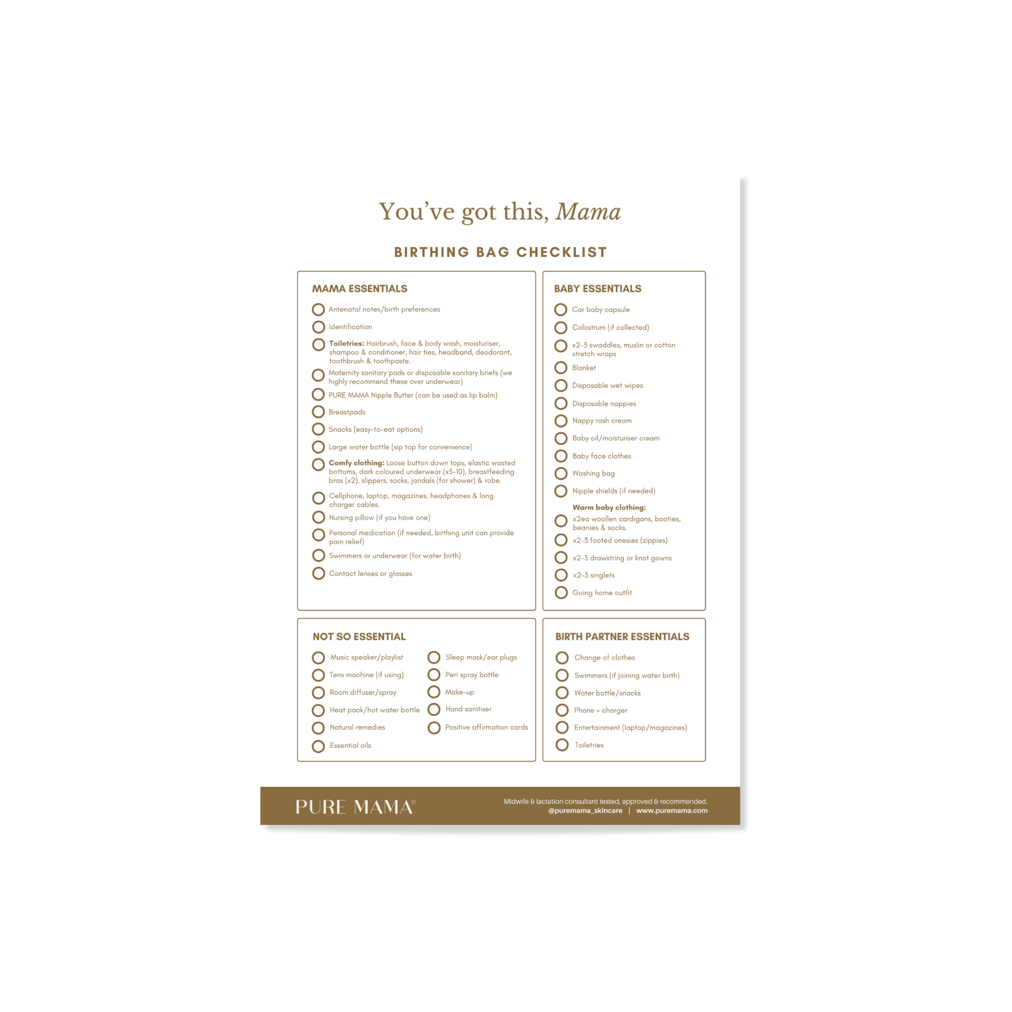 Birthing Bag Checklist | PURE MAMA Skincare